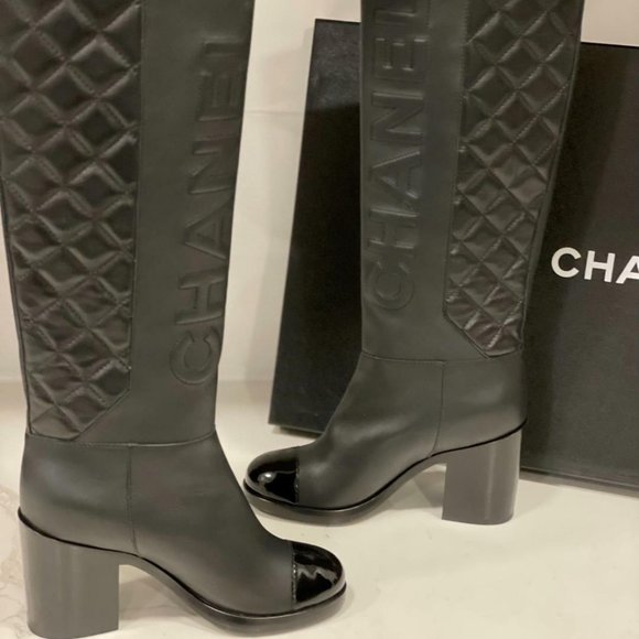 CHANEL | Shoes | Chanel 9b Calfskin Leather Signature Logo Knee High ...